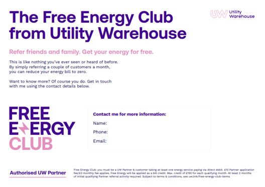 Free Energy Club Partner flyer – Utility Warehouse Partner Store