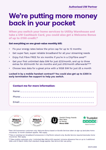 Multi service customer gathering flyers – Utility Warehouse Partner Store